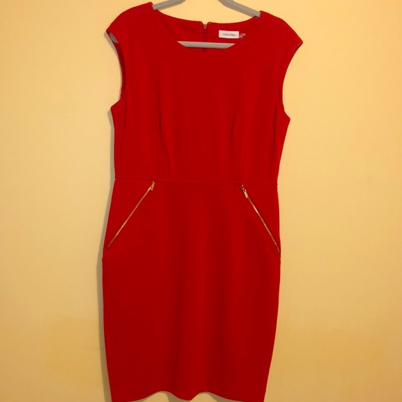 Calvin Klein | Dresses | Red Shift Dress Gold Zipper Pockets | Poshmark